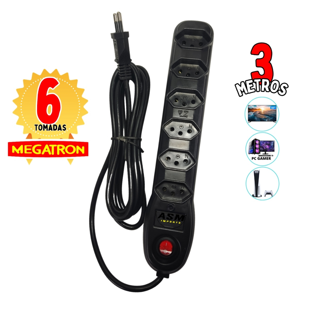 Filtro De Linha 6 Tomadas + Cubo Adaptador Regua Eletrica Megatron Bivolt 10A/250V Alta Carga ...