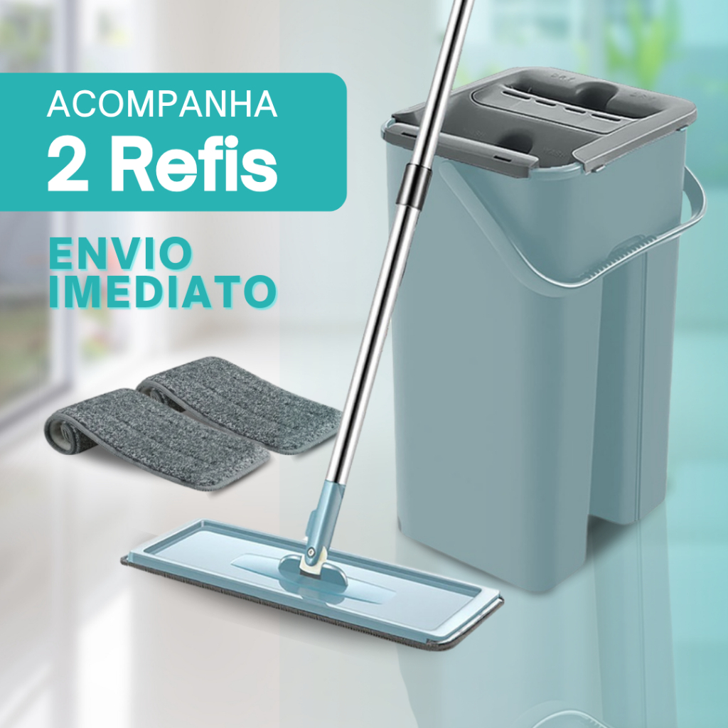 Mop Flat Rodo Mágico de Limpeza Com Balde Lava Seca Profissional Com 2 ...