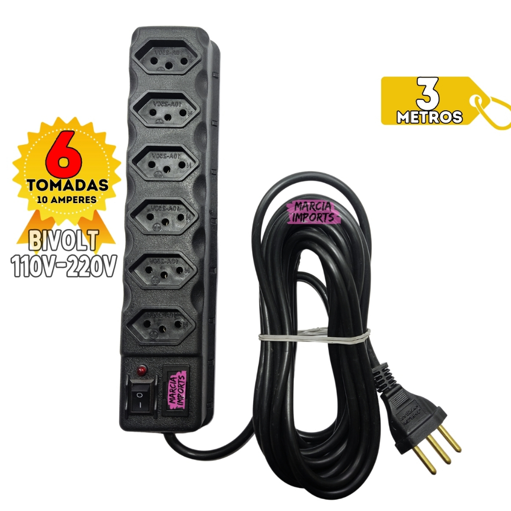 Regua Eletrica de 6,5,4 e 3 tomadas com 3 metros de cabo Filtro De ...