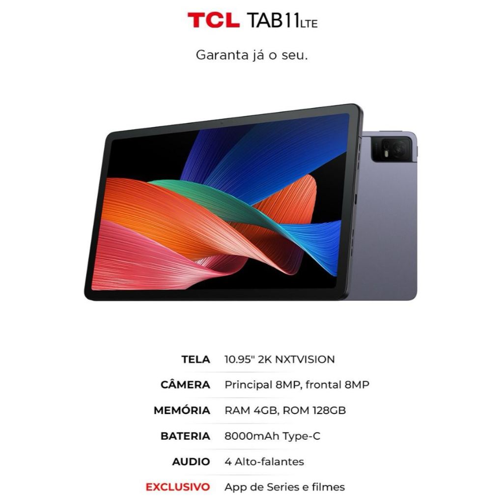 Tablet TCL Tab 11L LTE Aceita Chip 4G 128GB 4GB Ram Tela 10.9 Polegadas ...