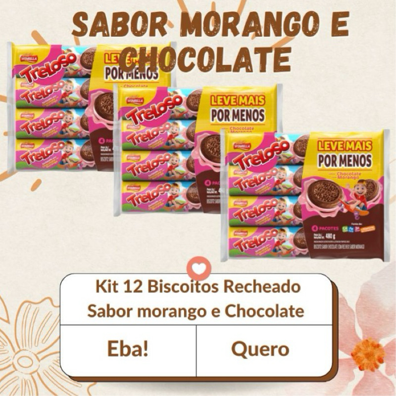 Biscoito Recheado Chocolate Com Morango Treloso Vitarella 120g (12 ...
