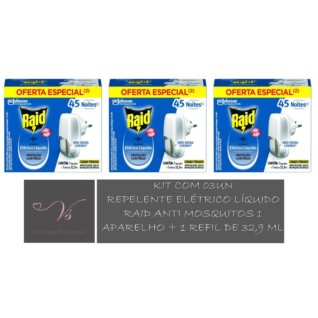 Kit com 03un Repelente Elétrico Líquido Raid Anti Mosquitos 1 Aparelho ...