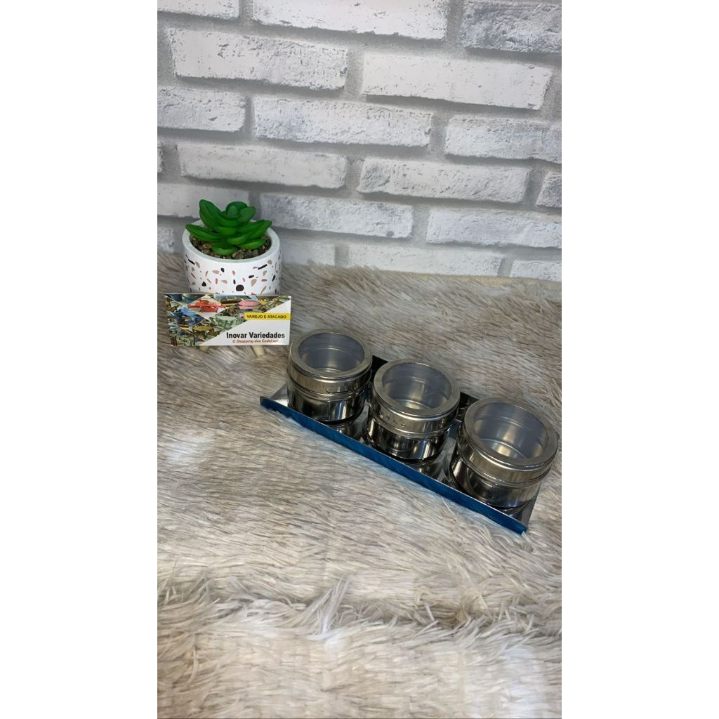 Kit com 3 Porta Condimento Tempero com Suporte Aço Inox Magnético Imã ...