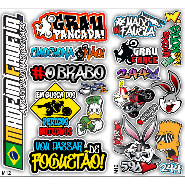 Cartela de adesivos Bike Carro Moto montadinha Capacete caminhão grau impreshow M12 | Shopee Brasil