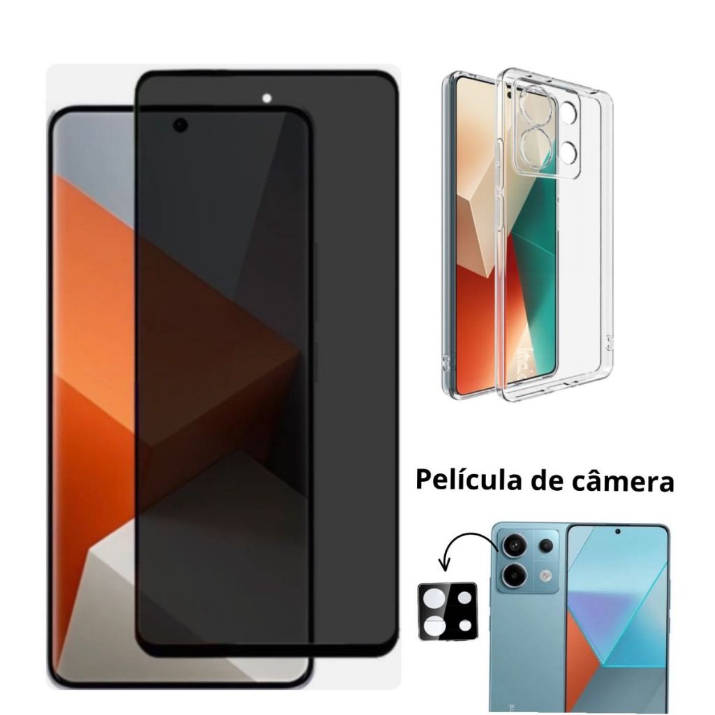 Kit Combo 3X1 Xiaomi Redmi Note 13 Pro 5G - Película Frontal Privacidade Vidro 3D + Capa ...