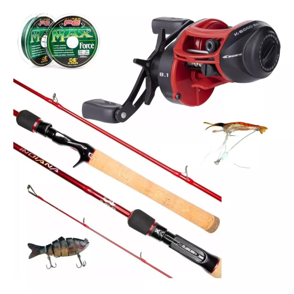 Kit Pesca Tucunaré Carretilha Kawana Bait Anticabeleira + Vara Maruri Indiana Fibra de carbono 1 ...