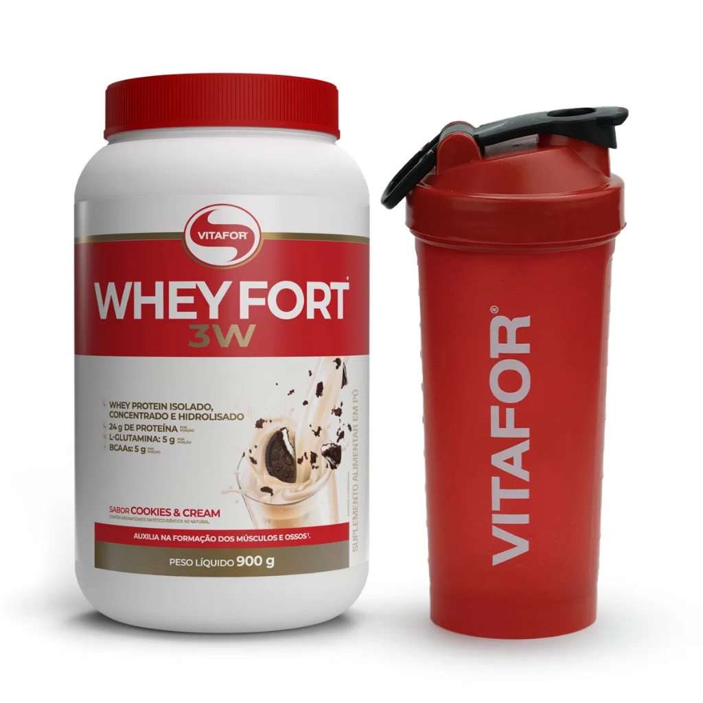 Whey Fort 3W Pote 900g Vitafor + Coqueteleira 600ml - Whey Protein 3W - 3 whey - Whey Protein ...
