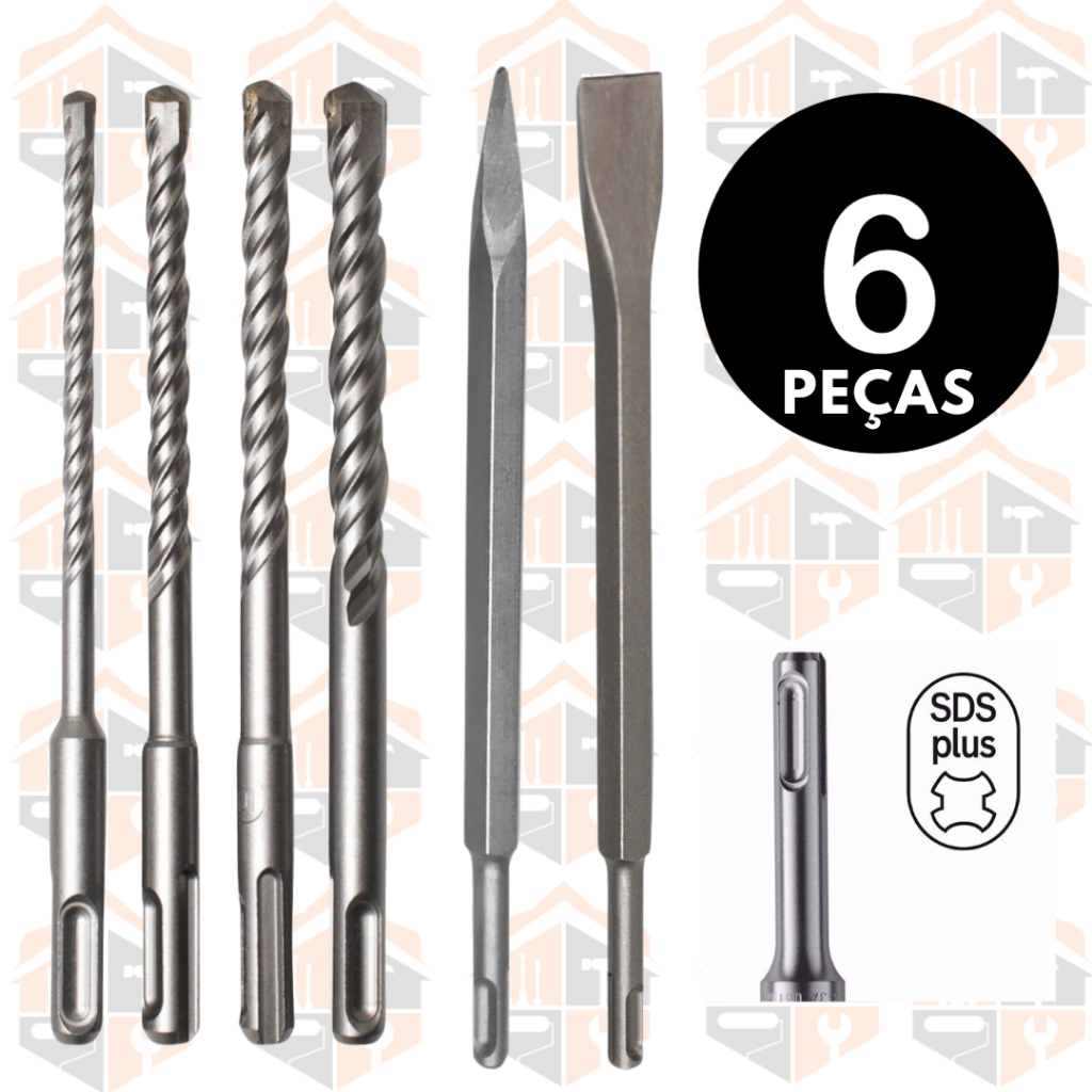 Kit Jogo de Broca SDS para Martelete 5, 6, 8 e 10mm + Talhadeira e ... Kit Jogo de Broca SDS para Martelete 5, 6, 8 e 10mm + Talhadeira e ...