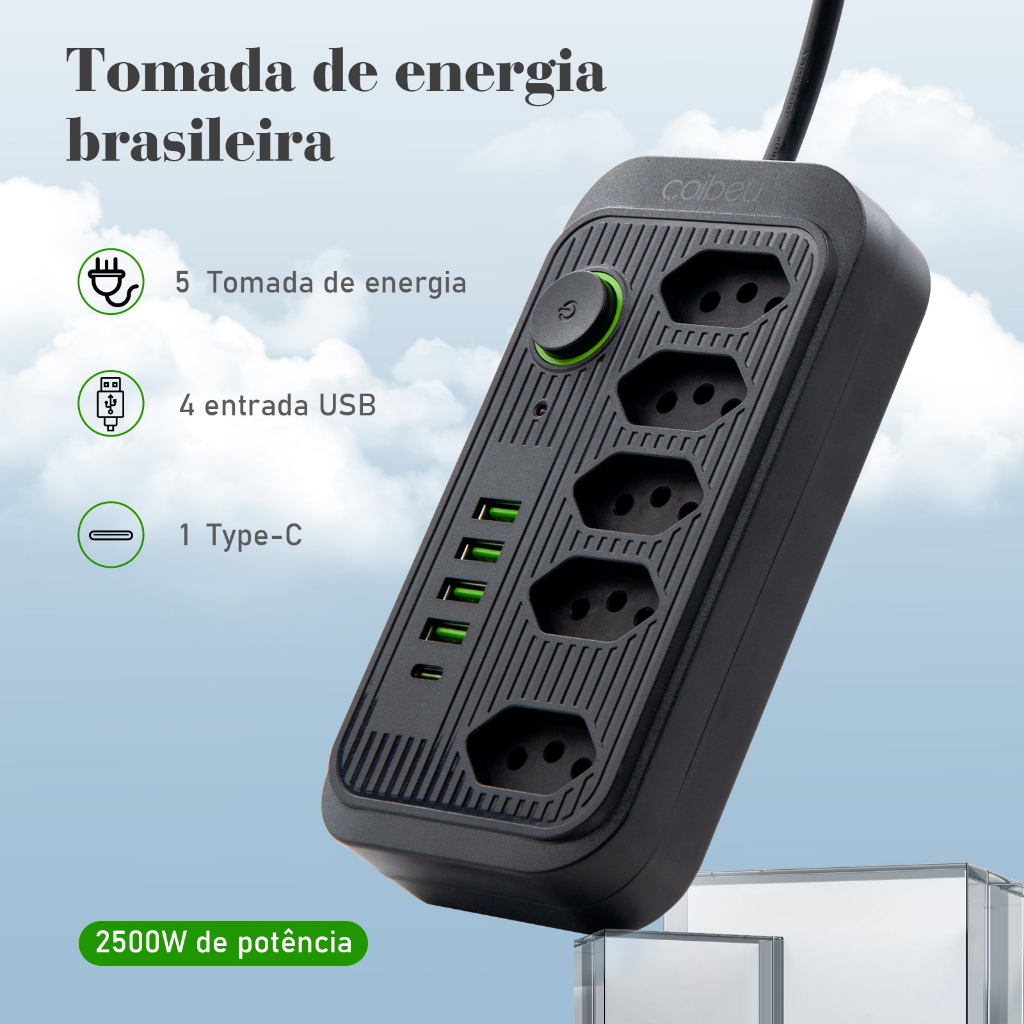 COIBEU Extensão 5 Tomadas 4 USB 1 Type-C Universal Bivolt Power 110v/220v 2m/5m WKC-541 | Shopee ...