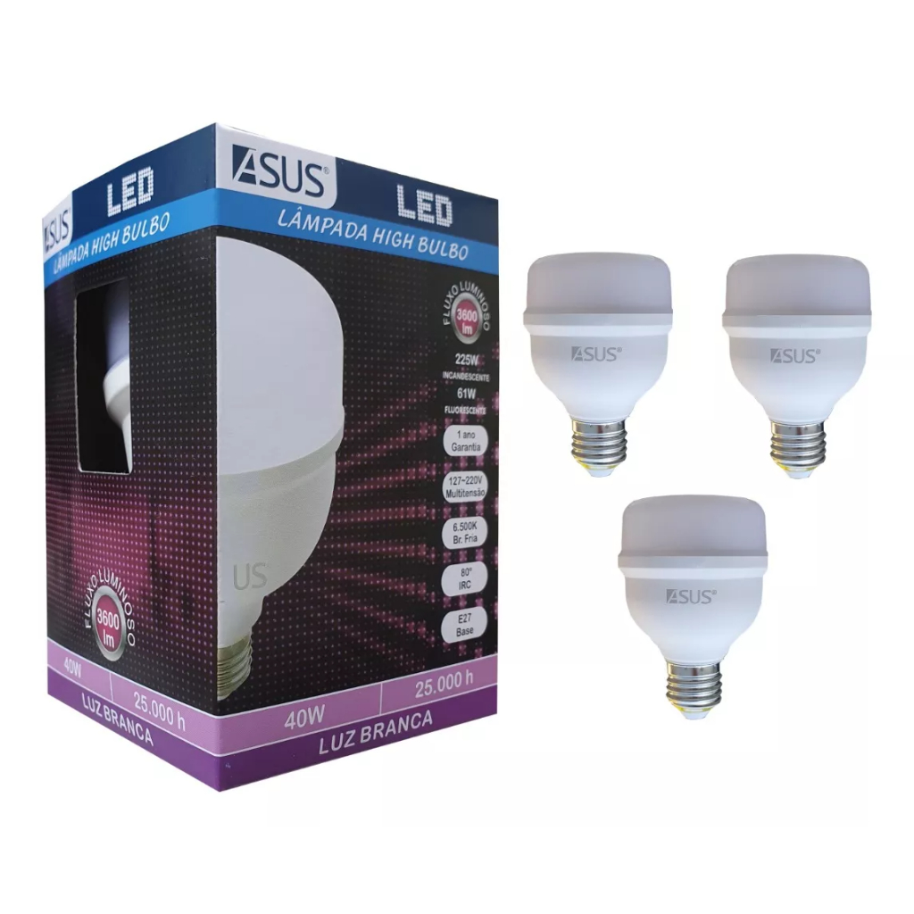 Kit 3 Lampada 40w ASUS Super Bulbo Led 6500K Luz Branca 110/220V (1 Ano De Garantia) | Shopee Brasil