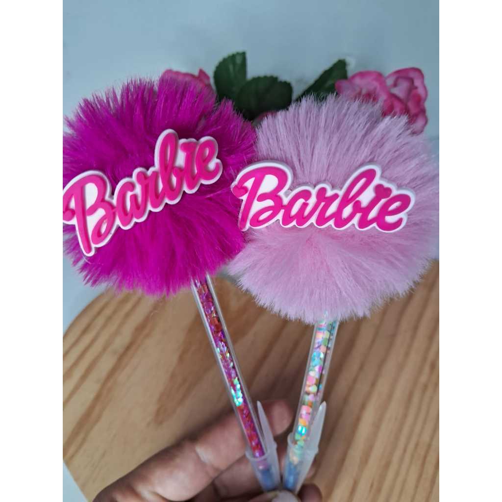 Caneta Bic personalizada pompom glitter tema Barbie feito a mão vários ...