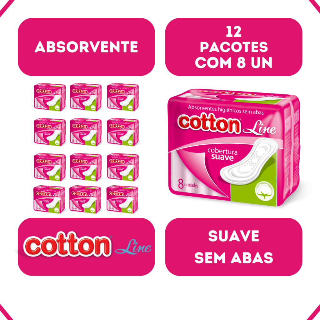 Absorvente Cotton Cobertura Suave - Sem Aba - Kit 12 - 8un | Shopee Brasil