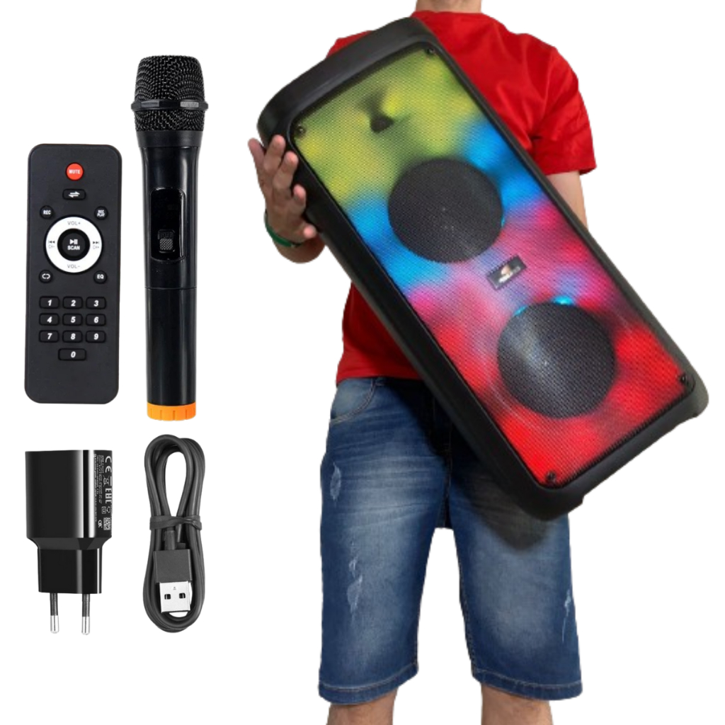 Caixa de Som Grande Portátil BOOMBOX Torre Controle LED RGB Microfone ...