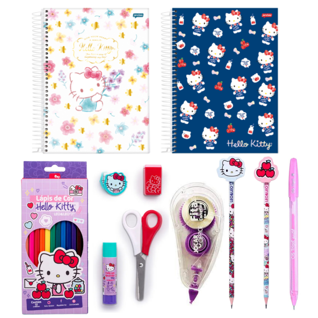 Kit Escolar Hello Kitty completo caderno tesoura lapis borracha fita ...