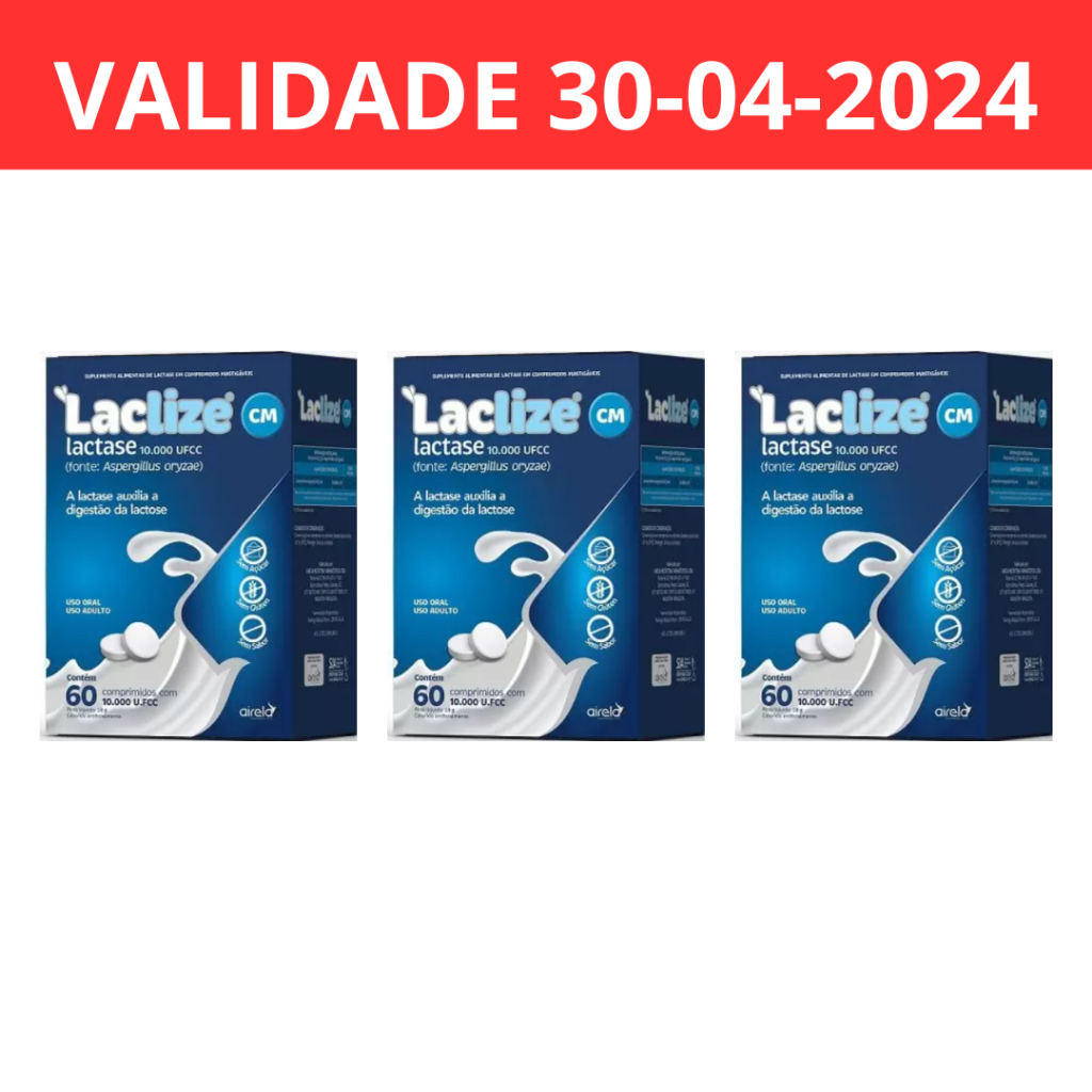 Kit 3x Enzima Lactase 10.000ufcc 60 Comprimidos Mastigáveis Laclize ...
