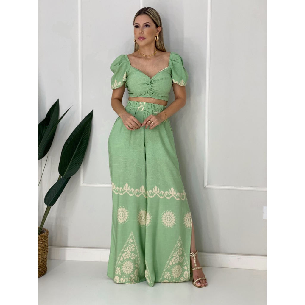 Conjunto Feminino De Pantalona Flare E Top Cropped Moda Luxo | Shopee ...