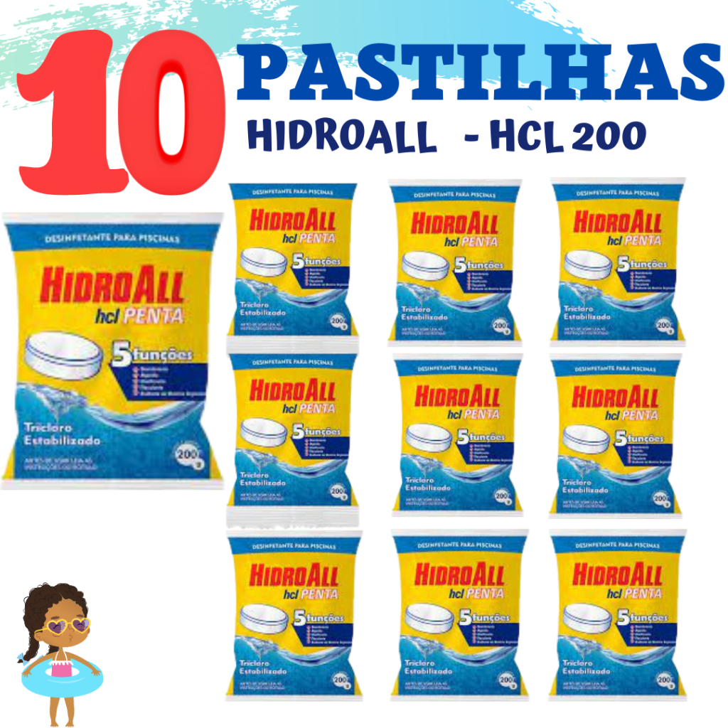 KIT 10 DEZ PASTILHAS DE CLORO 200G - Cloro Hidroall HCL 200 Pastilhas ...