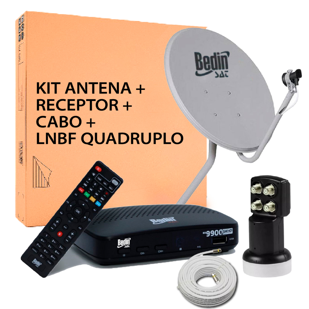 KIT ANTENA + RECEPTOR BEDIN + LNBF QUADRUPLO + CABO 15m | Shopee Brasil