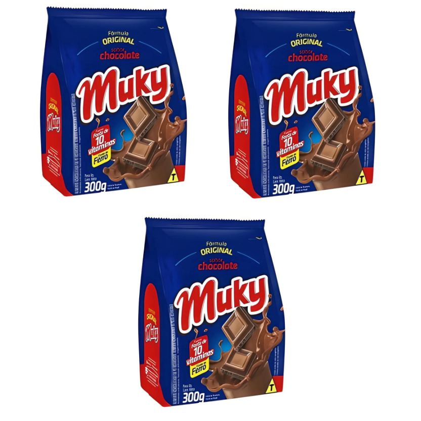 Achocolatado em Pó Muky chocolate ou morango 3 pacotes 300g | Shopee Brasil