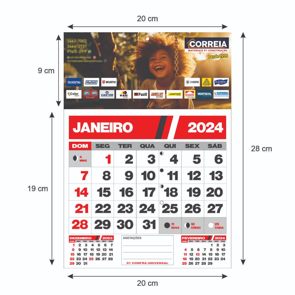 Calendário Folhinha de Parede 20x28 cm 2024 c/ Bloco 12 Meses - Faz a Boa!