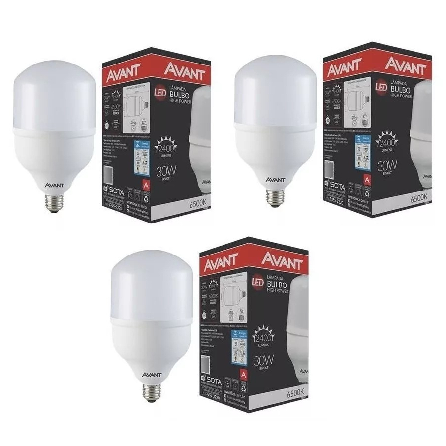 Kit 3 Lâmpadas Led Bulbo 30W Alta Potência 6500K E27 - Avant | Shopee Brasil