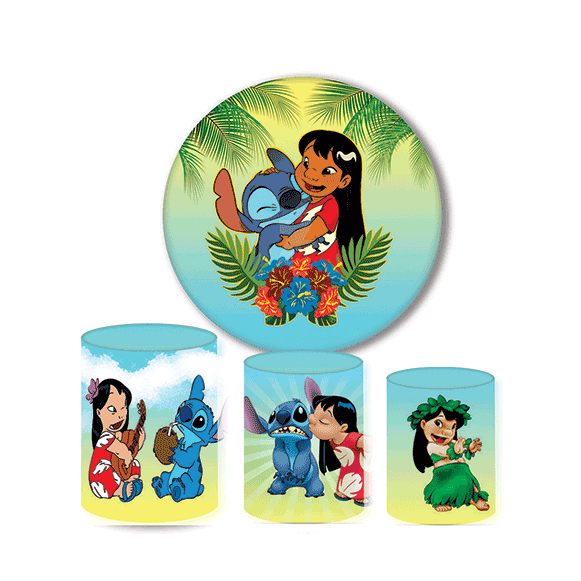 Painel Aniversário Festa Lilo e Stitch + Trio Capas Cilindros Veste ...