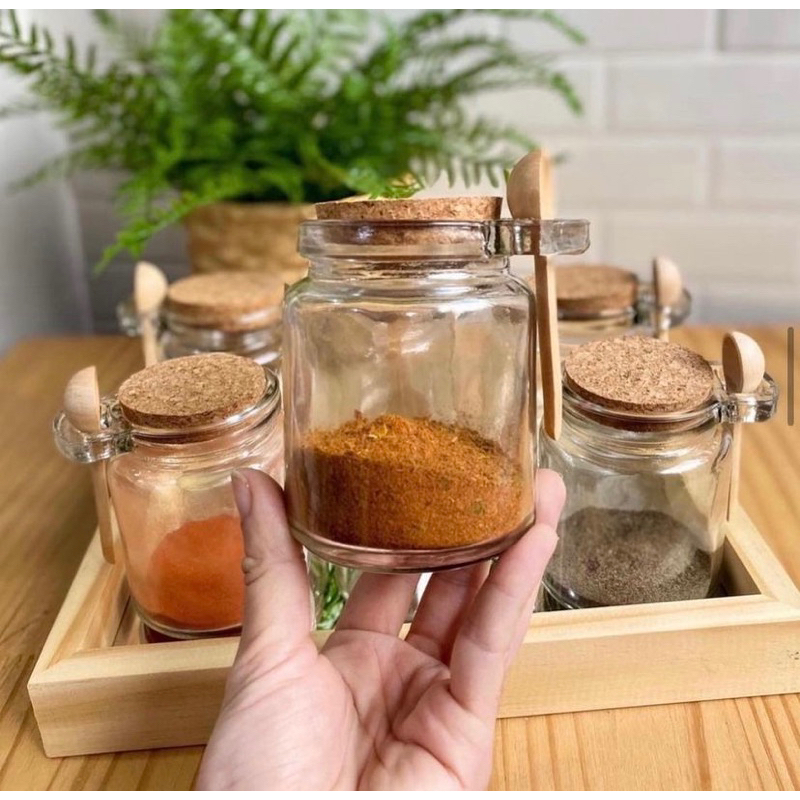 Kit Porta Condimento Frasco de Vidro Tampa Rolha Colher Bambu Tempero ...