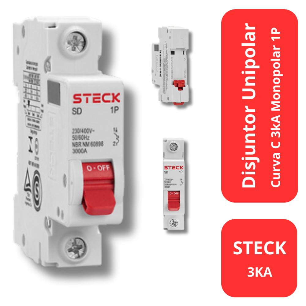 Disjuntor Unipolar Steck 6A, 10A, 16A, 20A, 25A, 32A, 40A, 50A, 63A CURVA C Din 3Ka Selo Inmetro ...