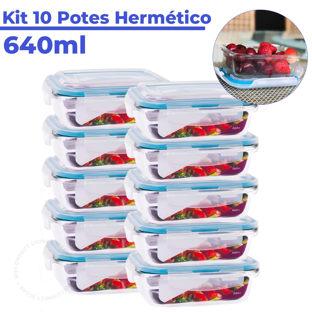 Kit 10 Pote de Vidro Hermético Retangular 640 ml Marmita Microondas ...