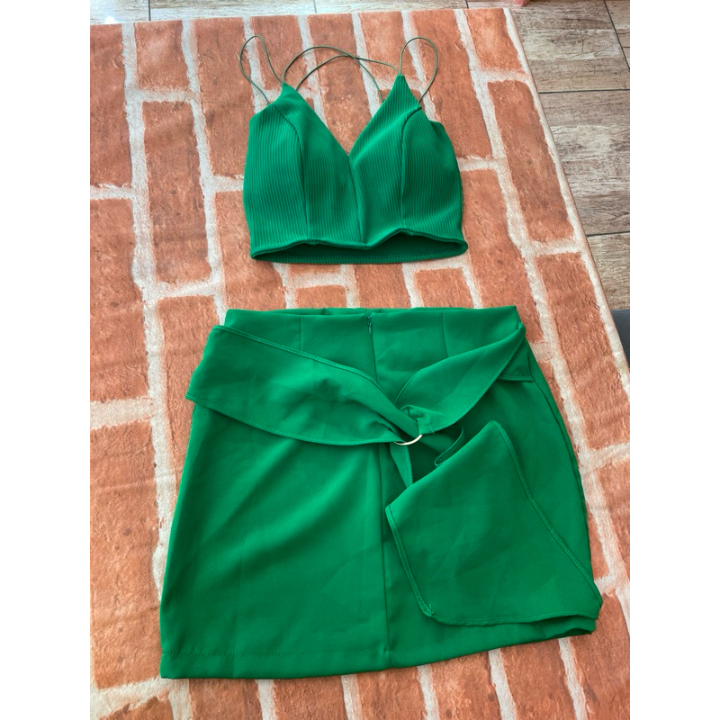 conjunto saia e cropped verde | Shopee Brasil