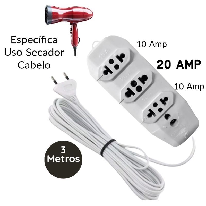 Extensão Elétrica 3 metros para Secador de Cabelo e Air Flyers | Shopee ...