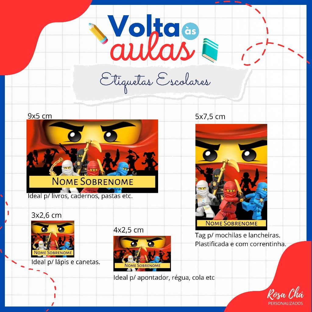 Kit Etiqueta Escolar Adesiva Personalizada e tag para mochila Ninjago ...