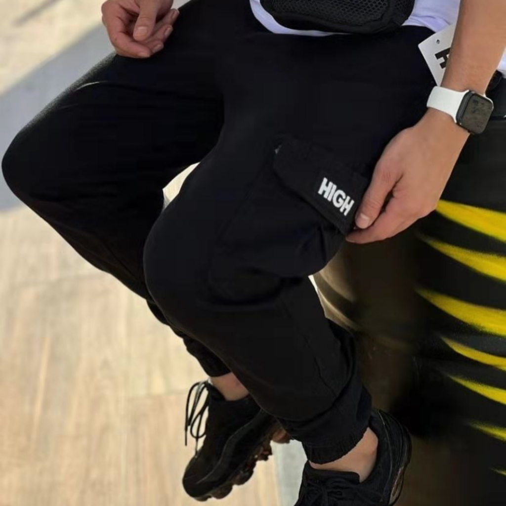 Calça Cargo Jogger Preta Masculina Sarja Com Punho Hi Gh Esportivo