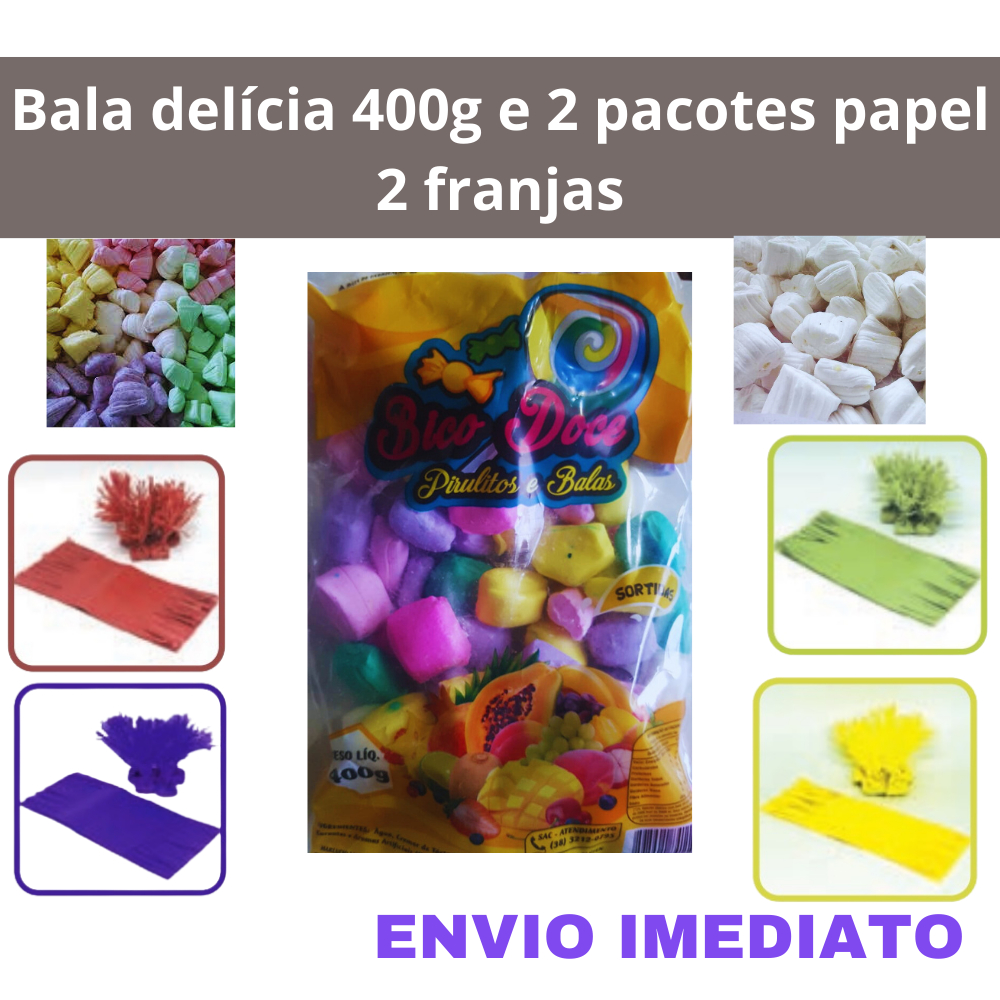 Bala delícia 400g e 2 pacotes papel 2 franjas kit completo | Shopee Brasil