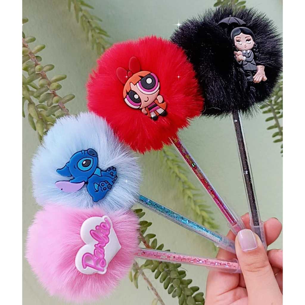 Caneta bic personalizada pompom glitter tema Barbie feito a mão vários ...