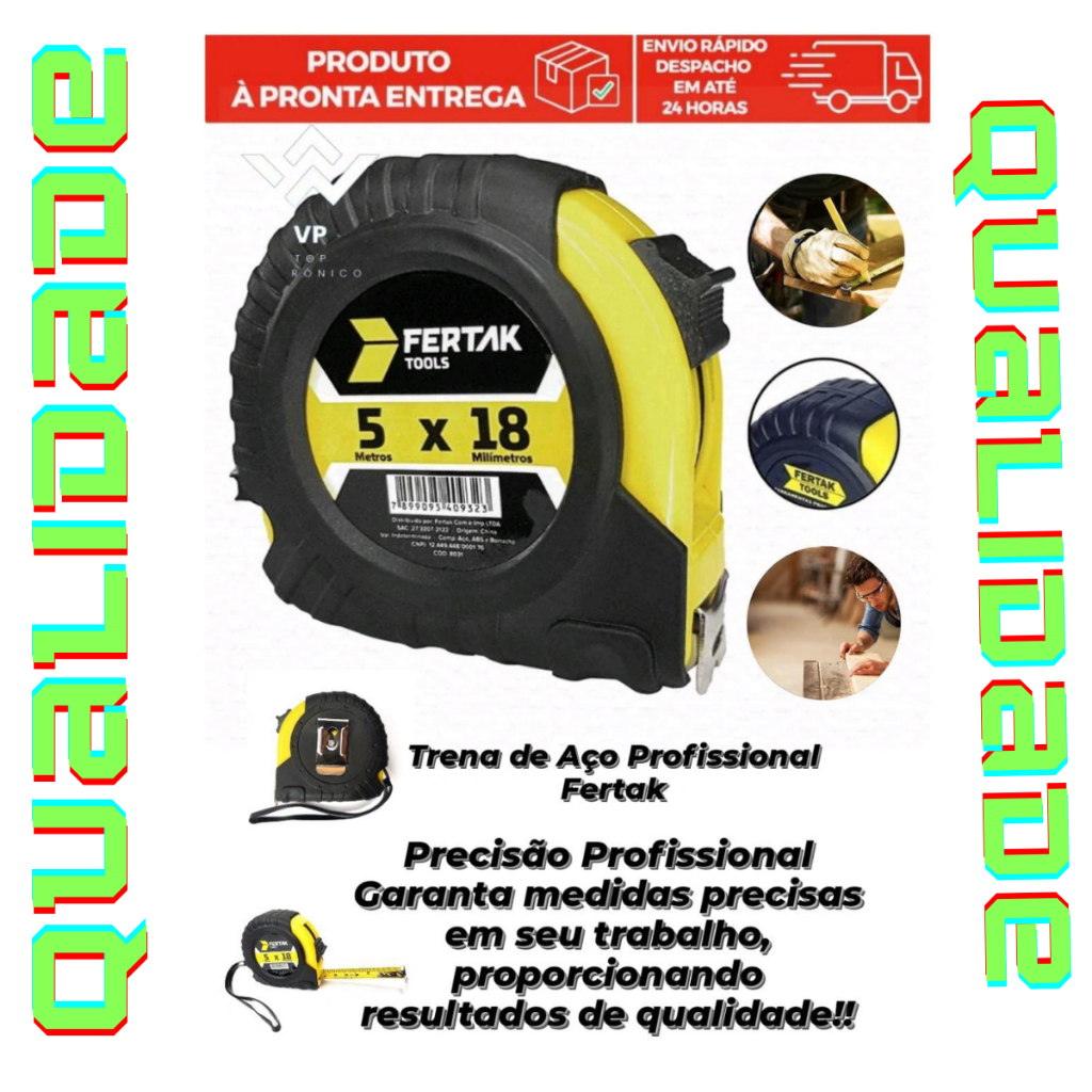 Trena de Aço 5m x 18mm Profissional Manual C/ Trava Régua Fita Métrica ...