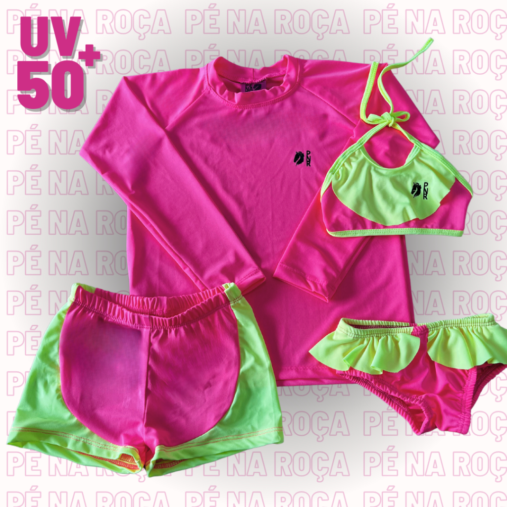 Kit Conjunto Infantil 4 PEÇAS uv com proteção solar BLUSA Uv, Shorts Uv ...