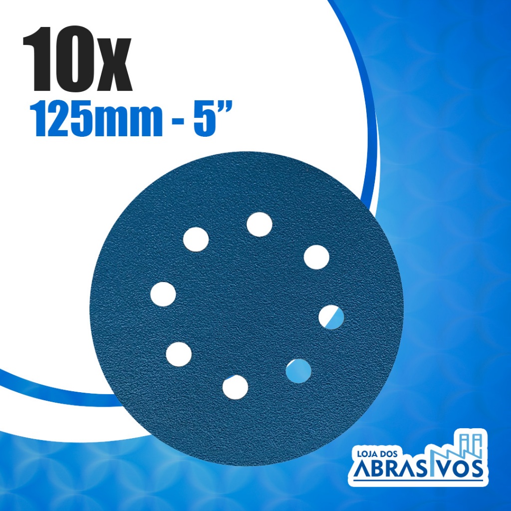 Kit com 10 Discos Lixa hookit com Base Velcro 5 Polegadas c/ 8 furos ...