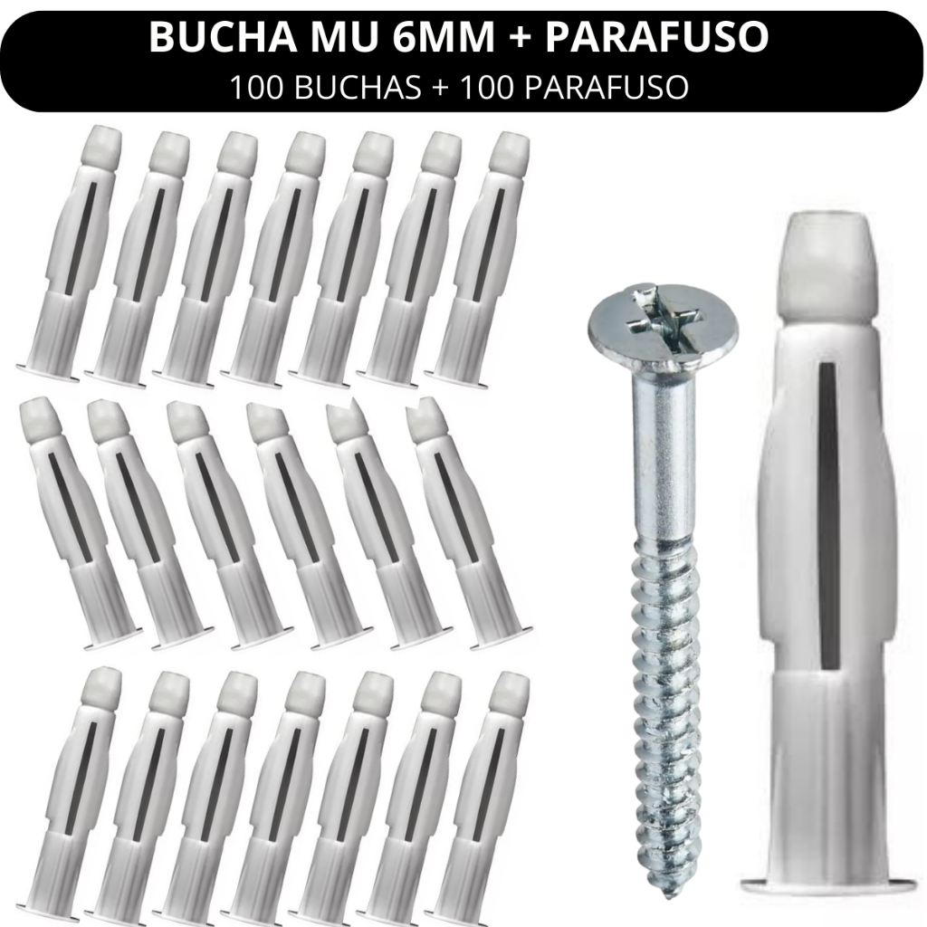 BUCHAS DE FIXAÇÃO MU PARA TIJOLO FURADO KIT COM PARAFUSO 100 UNIDADES ...