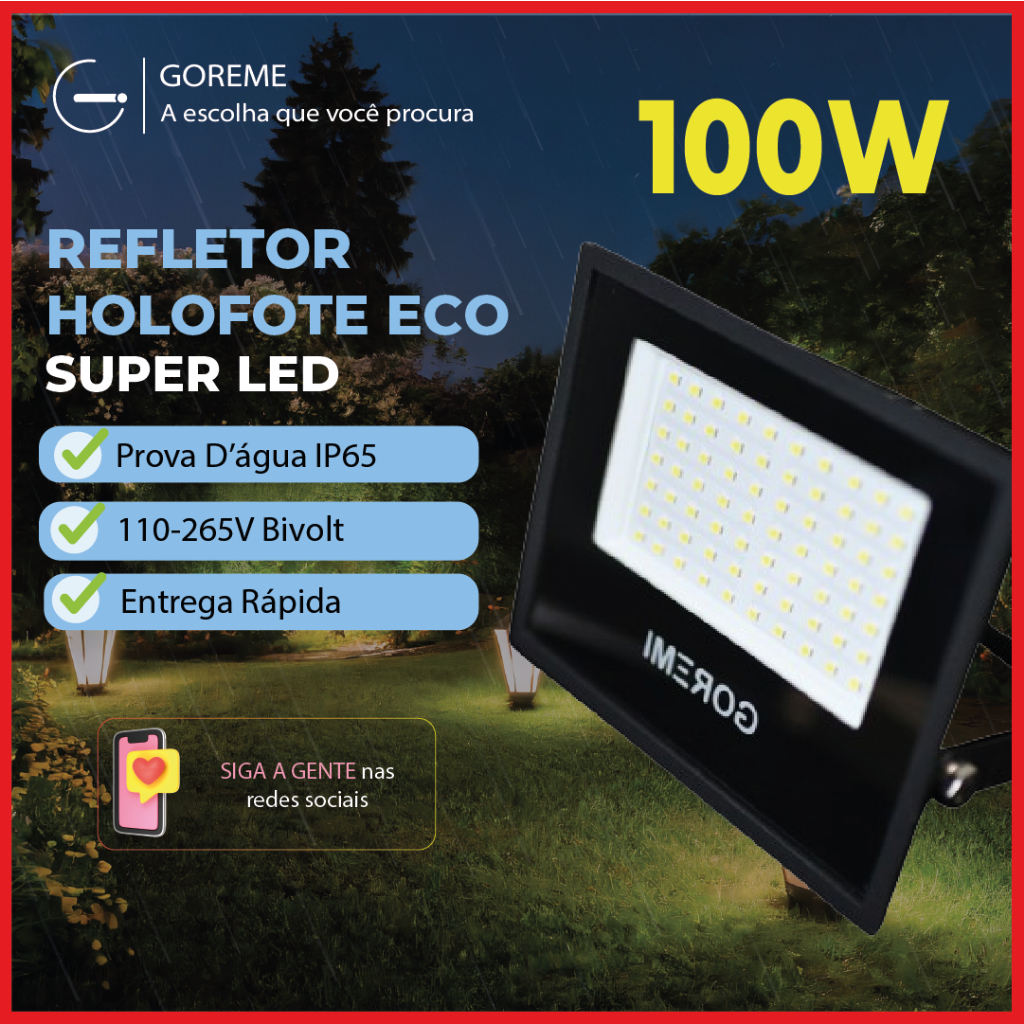Holofote Refletor Led ECO Pro 50W ou 100W Branco Frio 6500K (Luz Branca) | IP65 | Luz Econômica ...