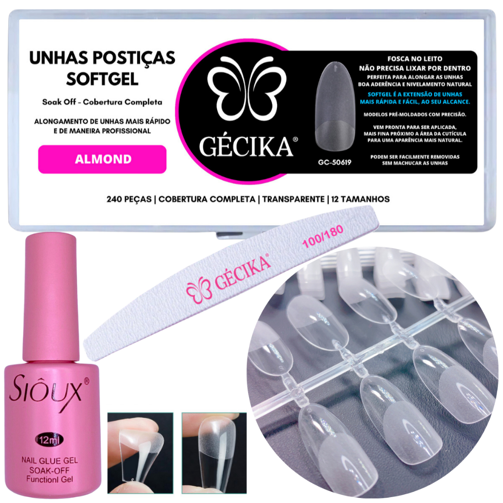 Kit Unhas SoftGel Almond Unha Postica Soft Gel Cola Sioux Unha Soft Gel ...