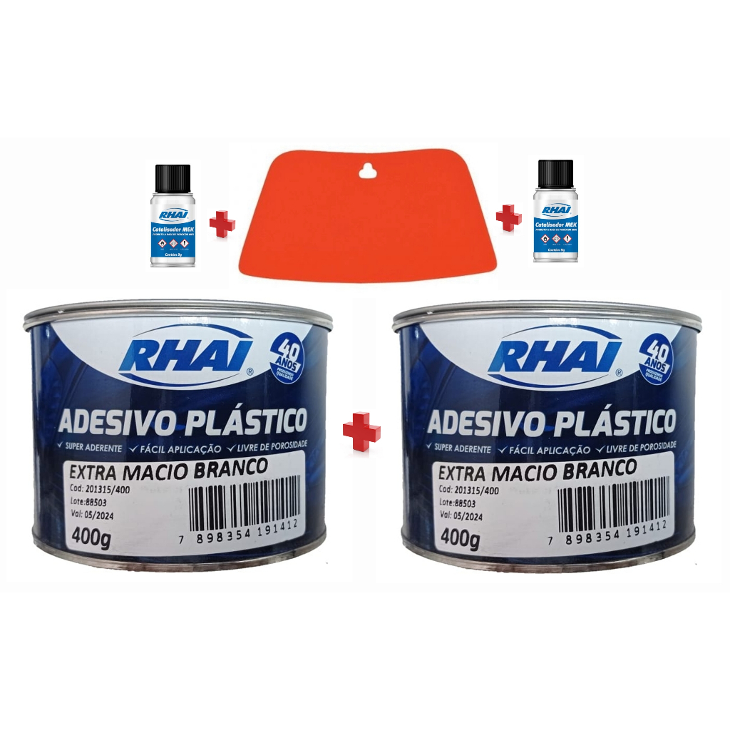 2 Adesivo massa plástica branca 400g Extra Macia RHAI + catalisador ...