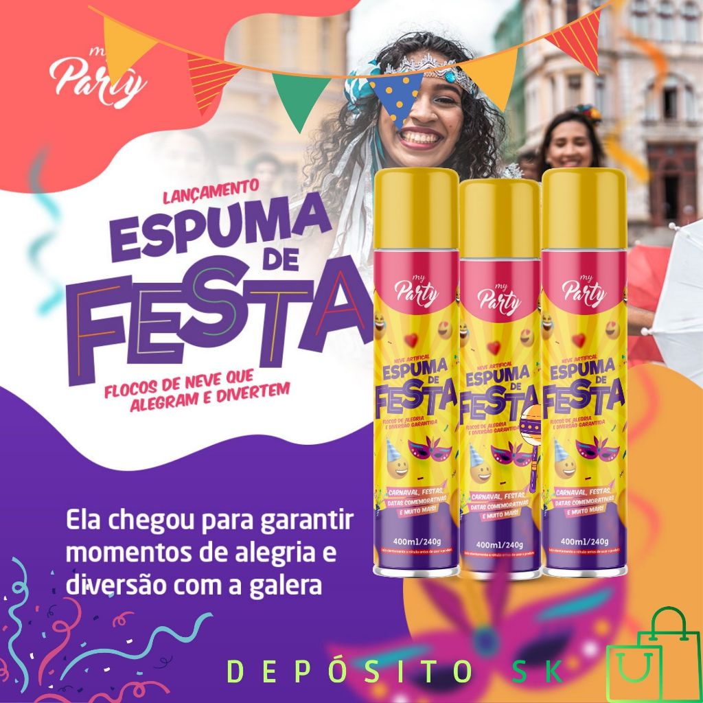 Espuma de Festa Neve Artificial Spray 400ml My Party Carnaval Festas ...