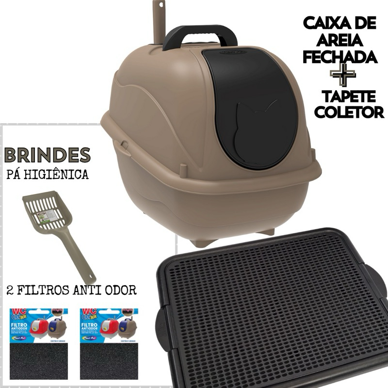 Kit Caixa de Areia para Gatos Fechada BOX GOLD + Tapete Coletor C/ Pá e ...