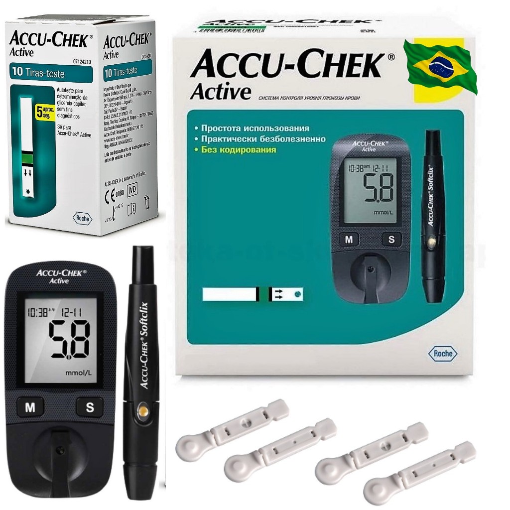 Accu-Chek Active Para Glicemia Monitor Com Lancetador Softclix Lancetas ...