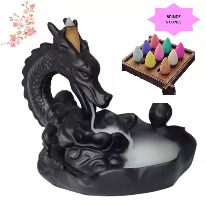 Porta Incenso Dragão Chinês Aromatizador Cascata de Fumaça + 5 Cone ...
