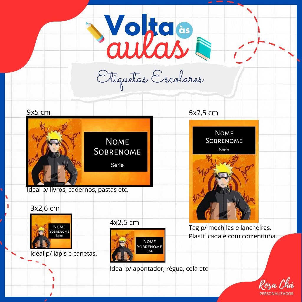 Kit Etiqueta Escolar Adesiva Personalizada e tag para mochila Naruto 2 ...