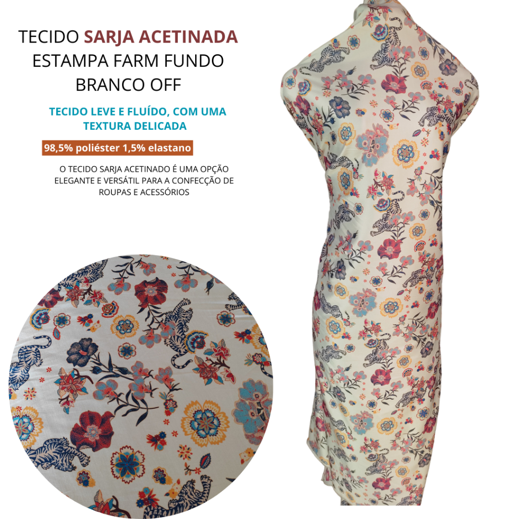 Tecido Sarja Acetinada Estampa Farm fundo Branco off - 1x1.50mt ...