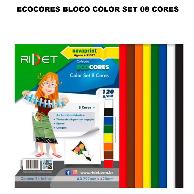 Papel Bloco Color Set A4 Novaprint/RIDET Ecocores 110g 08 Cores 24 ...