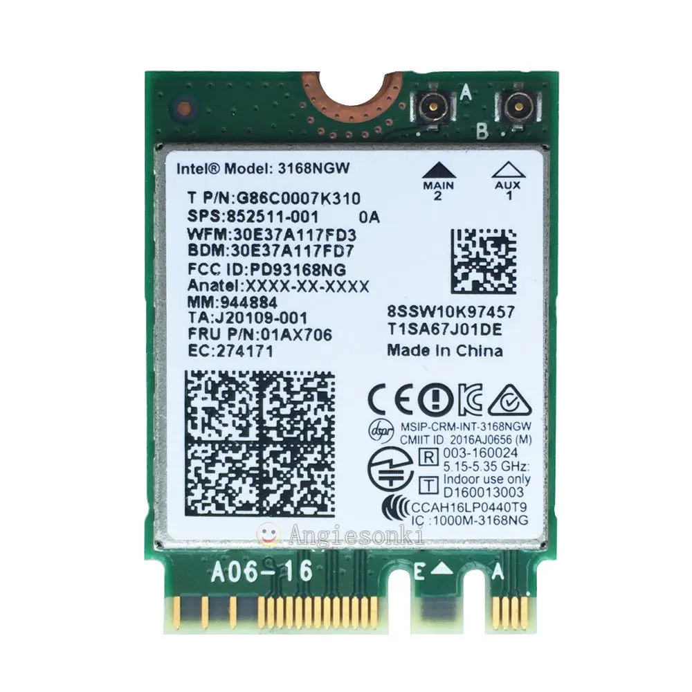 Modulo WiFi - Intel Dual Band Wireless-ac 3168 3168ngw 433mbps Bt4.2 ...